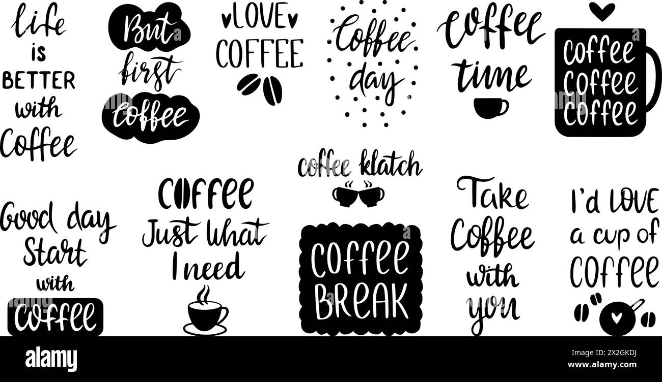 Coffee lettering typography set. Morning drink motivational phrases ...
