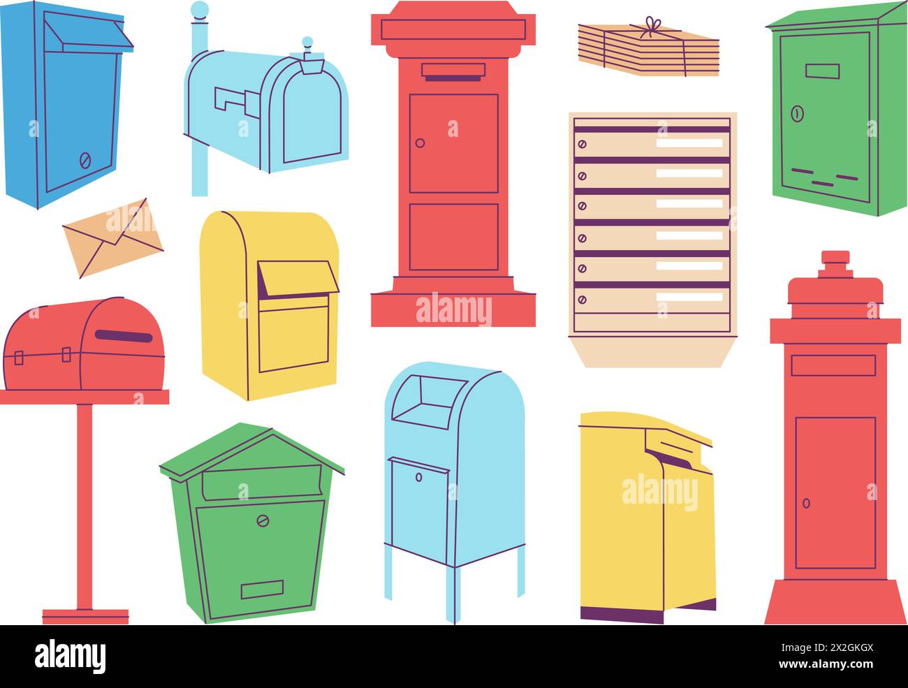 Cartoon mailboxes. Isolated mailbox, different letterboxes for letters ...