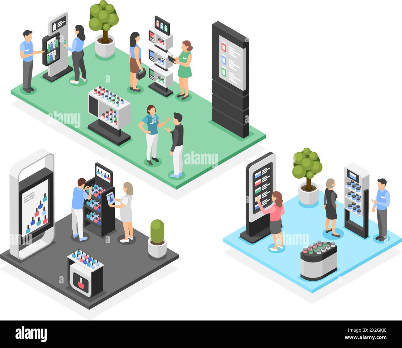 Isometric exhibition. Abstract promotional event with promoters ...
