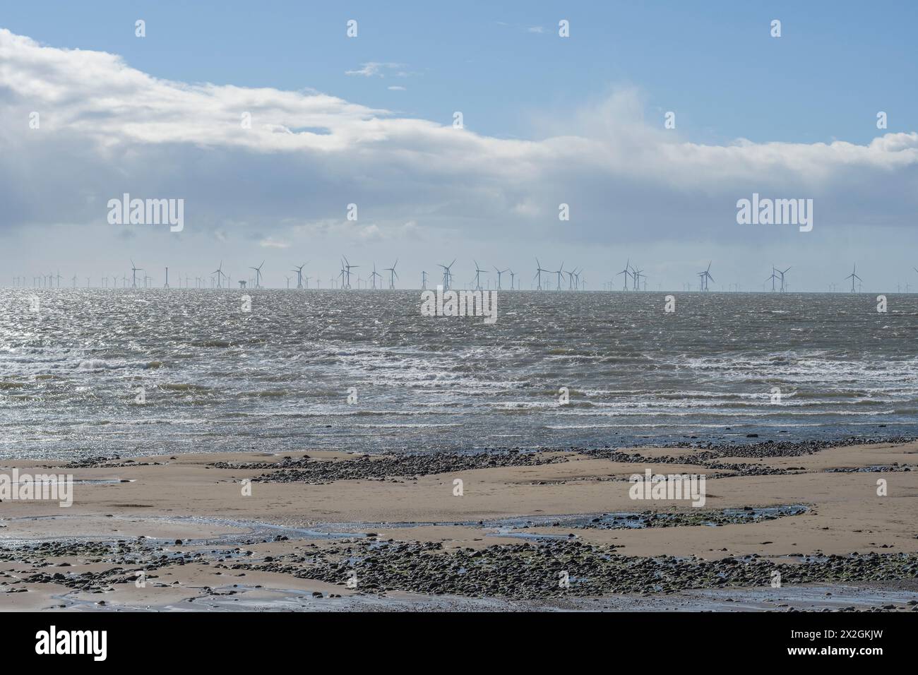 Offshore wind turbines on the horizon, part of Walney Wind Farm, Barrow ...