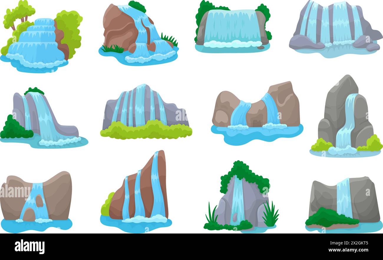 Nature waterfall set. Isolated waterfalls cartoon, mountains or rocks ...