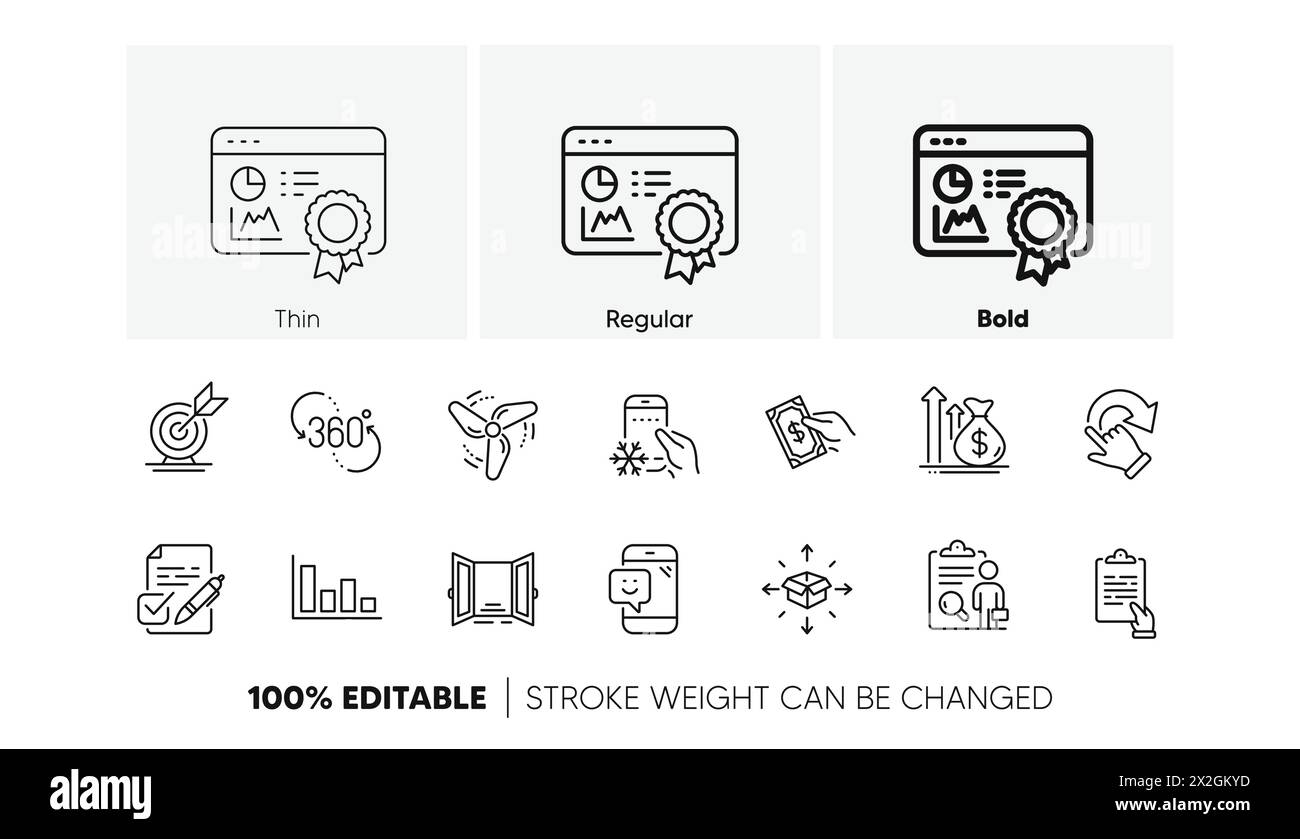 Seo certificate, Smile and Target goal line icons. For web app, printing. Line icons. Vector ...