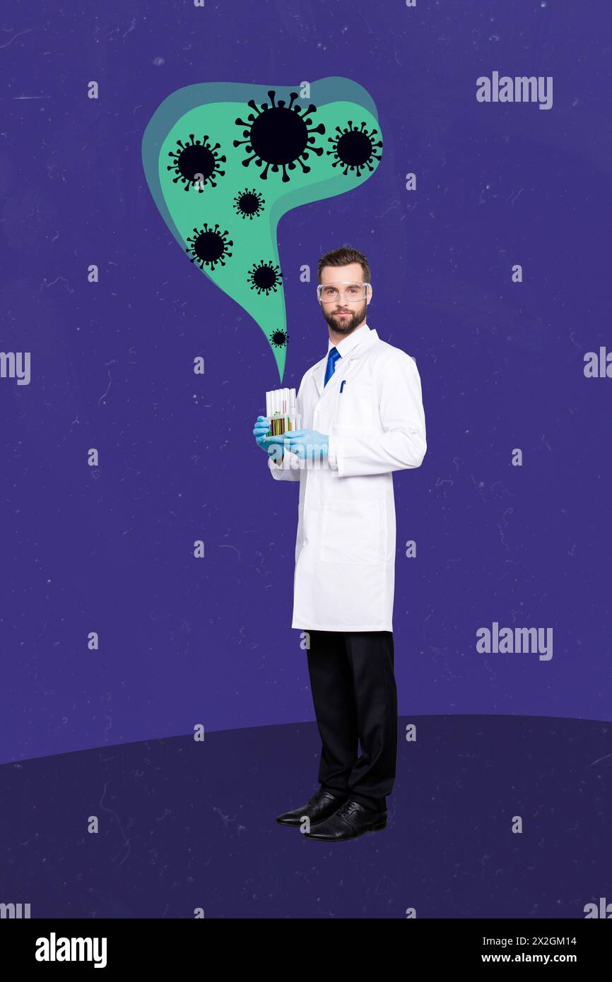 Trend artwork sketch collage of scientist young man hold in hand glass ...