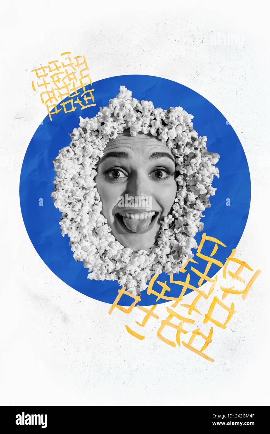 Vertical photo collage of happy excited girl show tongue lie pile ...