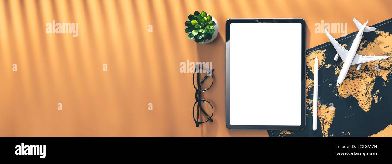 Tablet, airplane miniature and world map, flat lay Stock Photo - Alamy