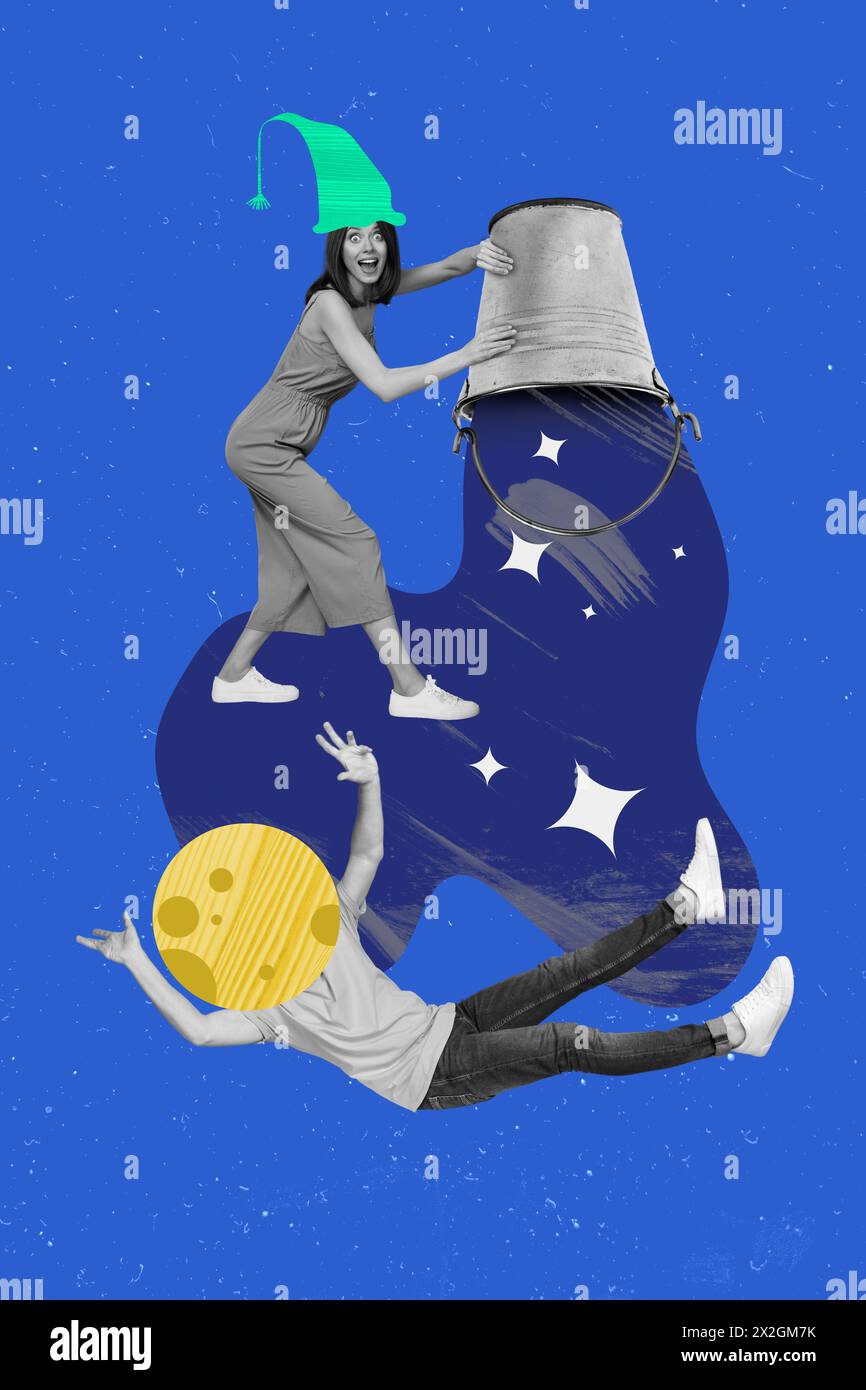Vertical collage picture crazy freak woman witch holding bucket falling ...
