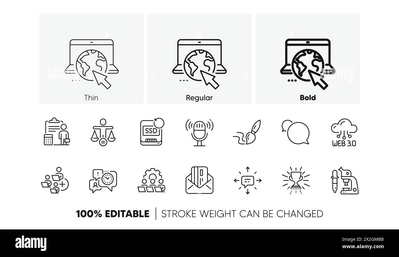 Add team, Time management and Microscope line icons. For web app, printing. Line icons. Vector ...