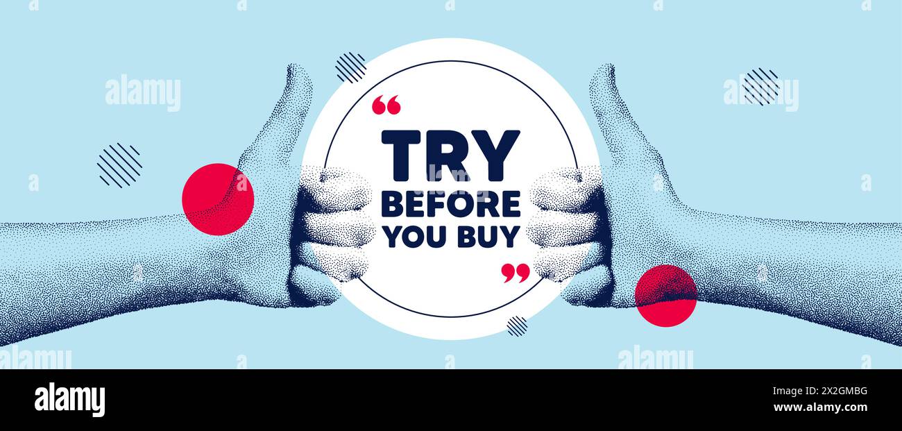 Try before you buy tag. Special offer price sign. Hands showing thumb ...