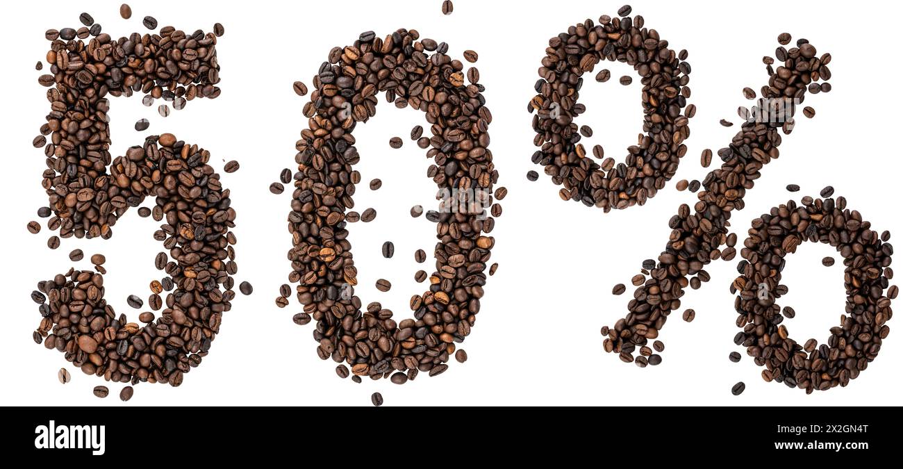 Percent sign 50, discount, promotion, coffee beans on white background ...