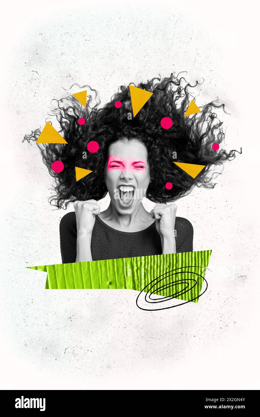 Vertical photo collage of mad aggressive girl show fist gesture anger ...
