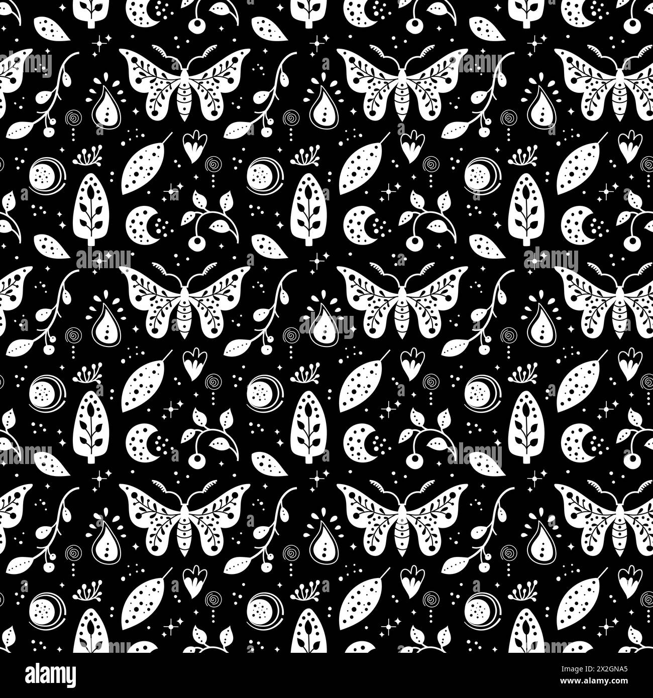 Seamless neo folk art vector pattern with butterfly, moth and flowers ...