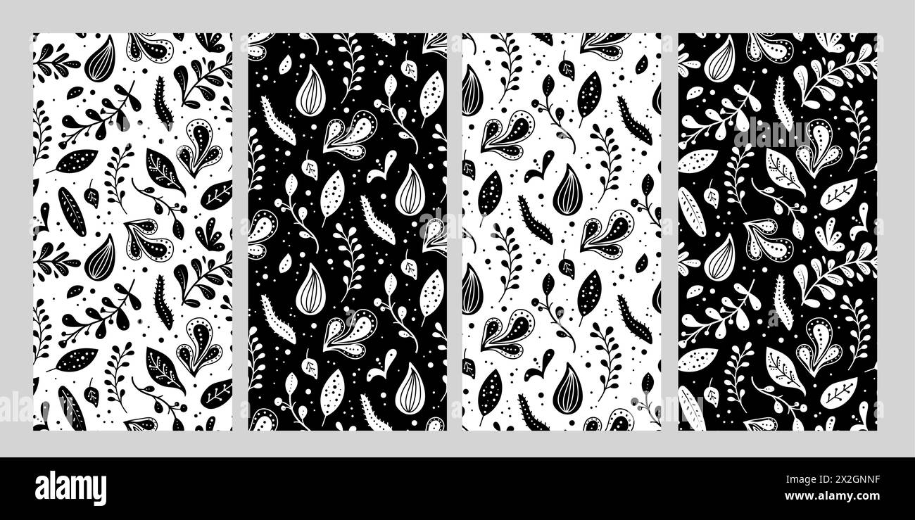 Seamless neo folk art vector patterns set with flowers, black and white ...