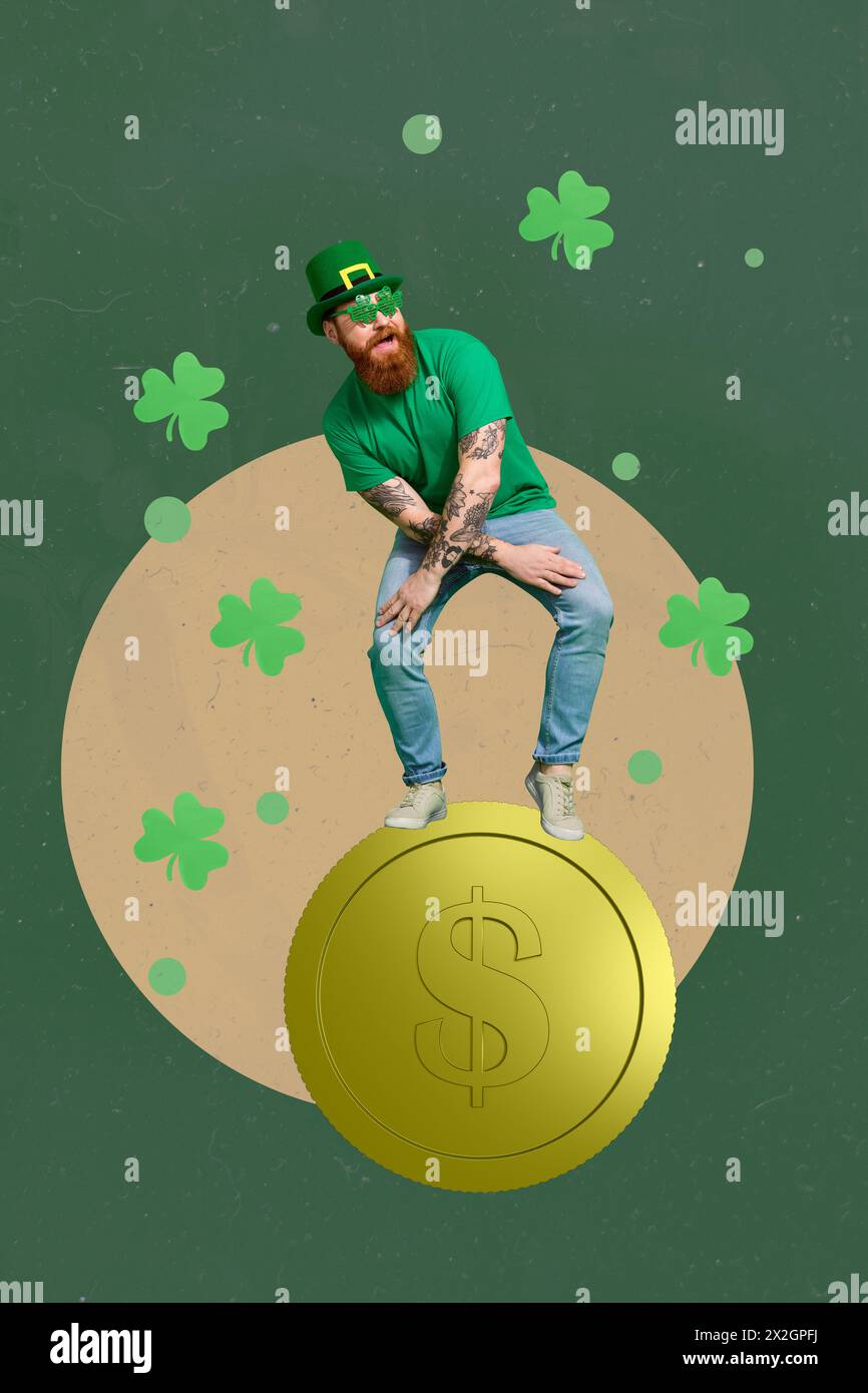 Photo collage picture of funky leprechaun guy dancing dollar coin ...
