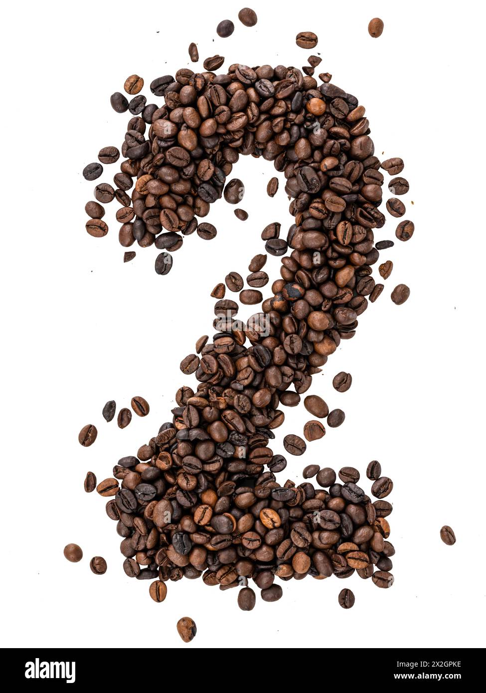 Number 2 made from roasted coffee beans on white isolated background ...