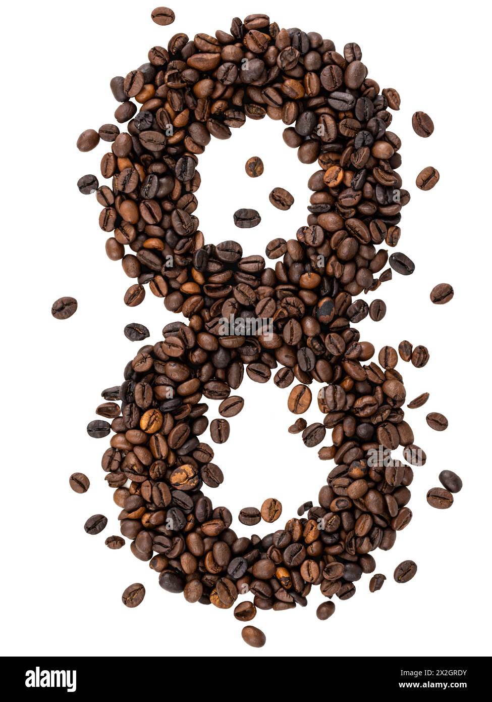 Number 8 made from roasted coffee beans on white isolated background ...