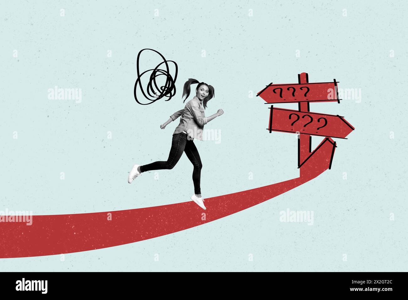 Composite collage picture of minded black white colors girl run road ...