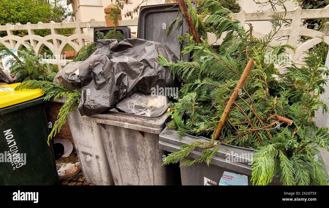 Poorly sorted trash cans, Bron, France Stock Photo - Alamy