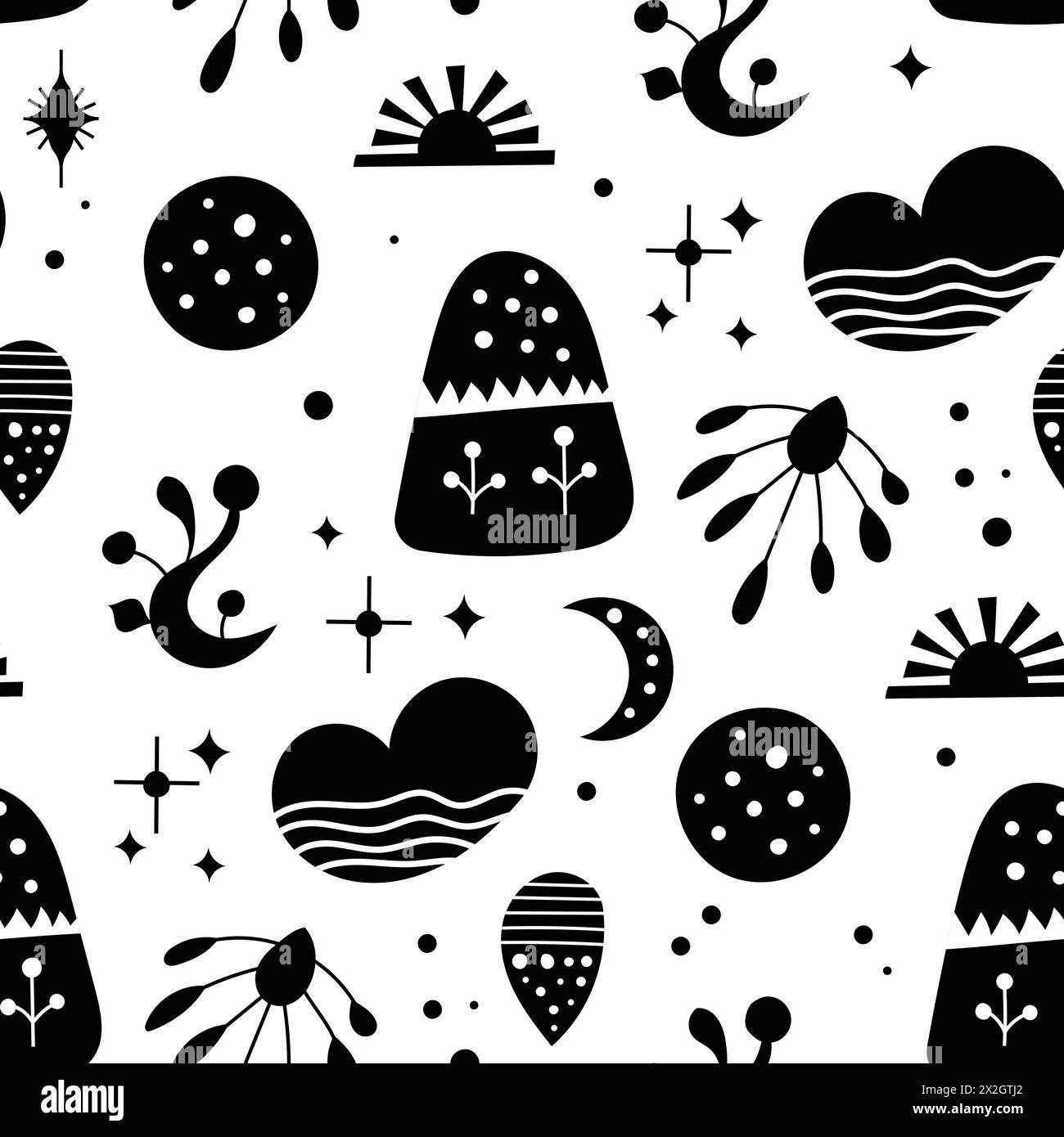 Seamless neo folk art vector pattern with mountains, moon and flowers ...