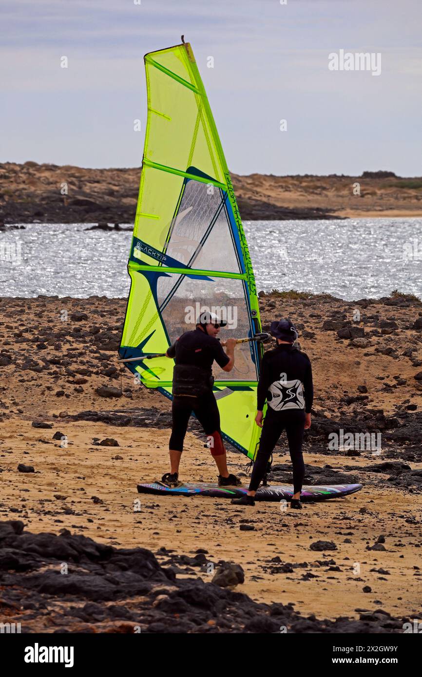 First lesson for a wind surfer at El Cotillo, Fuerteventura. Taken ...