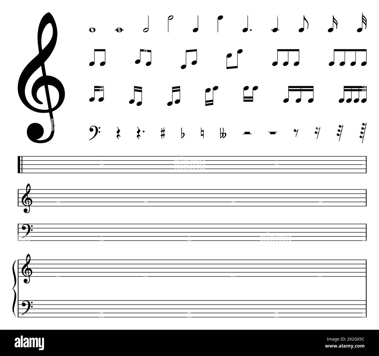 Music notes icon set. Black note symbol. Treble clef, bass, sharp ...