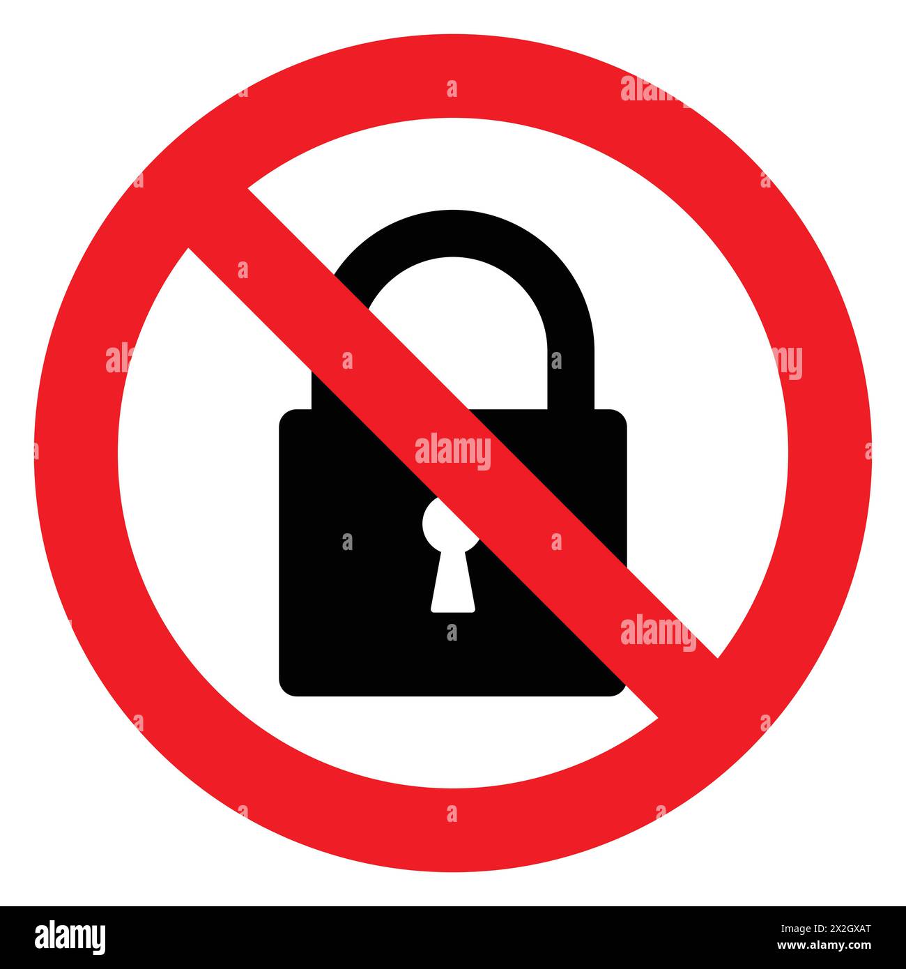 No locking vector sign. Lock is forbidden. Red prohibition sign of lock ...