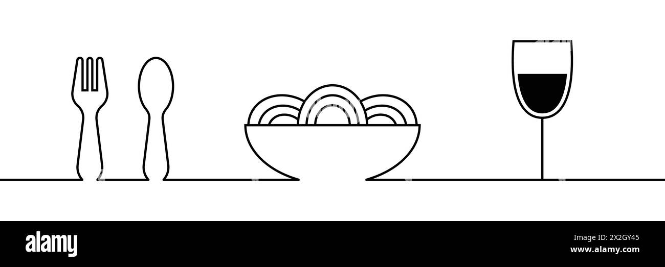 Fork, spoon, spaghetti bowl, boiled pasta, long macaroni, wine glass ...
