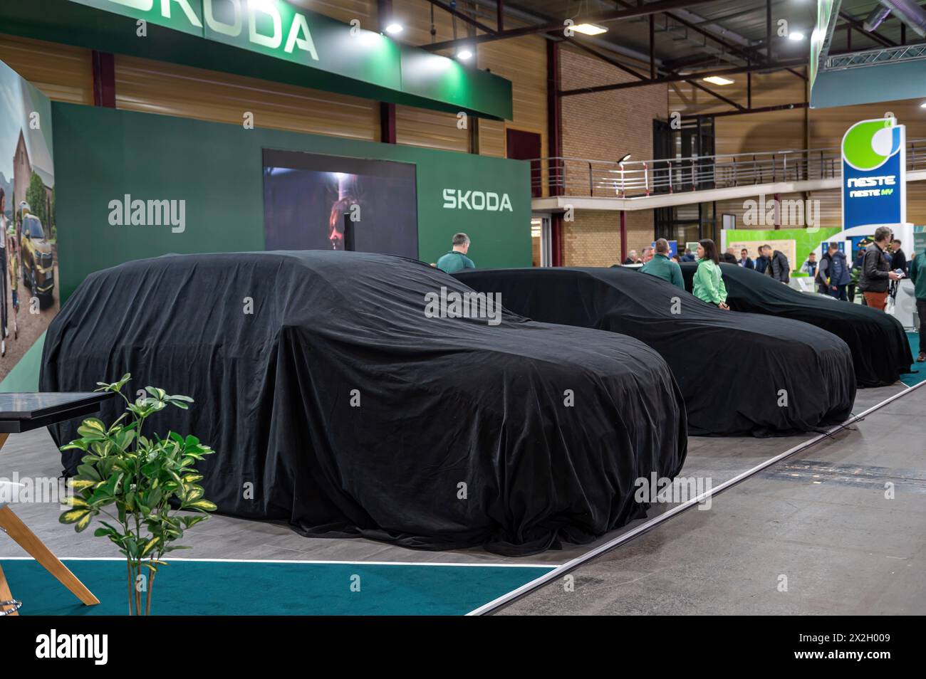 Riga, Latvia, April 19, 2024: Skoda cars of the new models covered with ...