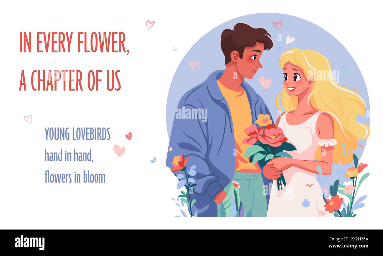 Cheerful boy gives flower to sweet blond girl. First love concept ...