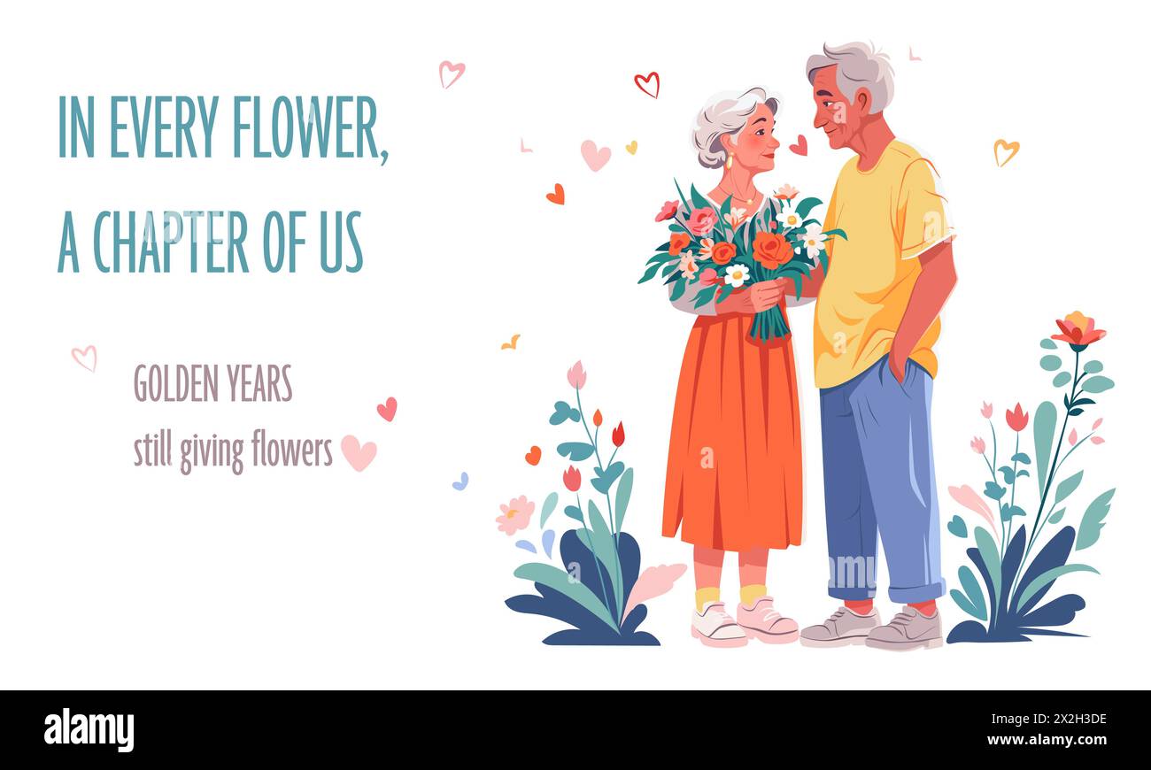 Old man gives bouquet of flowers to sweet old lady. Love and date ...
