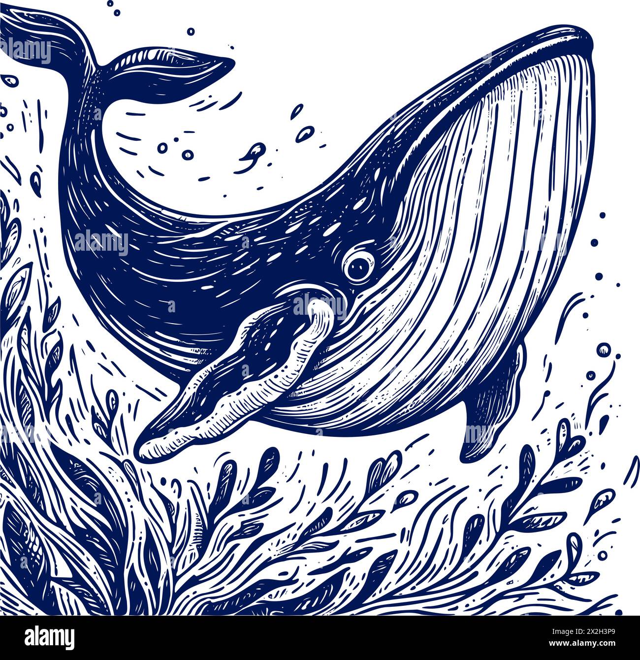blue whale is swimming in the ocean with a leafy green background. The ...