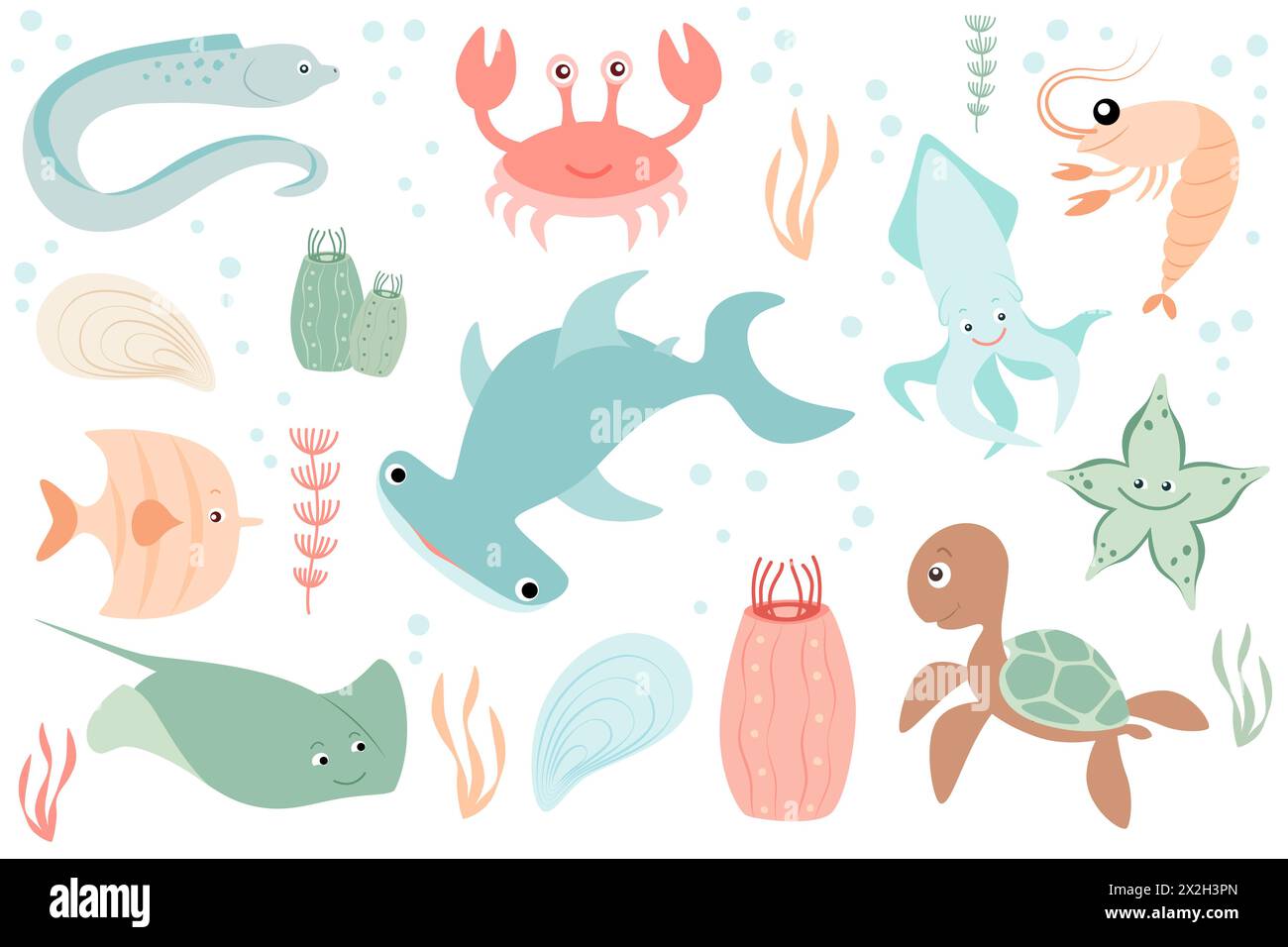 Set with sea creatures. Flat, cartoon style. Animals of seas and oceans ...