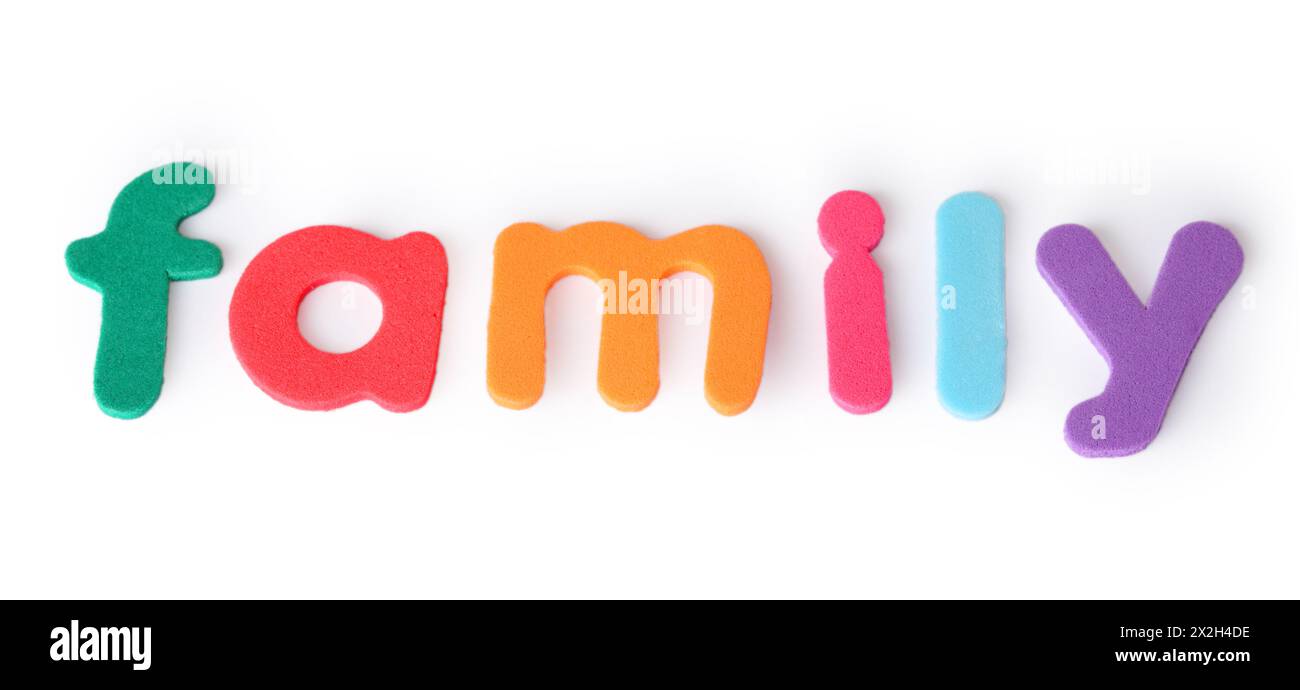 family, colorful letters for child, english word isolated on white ...