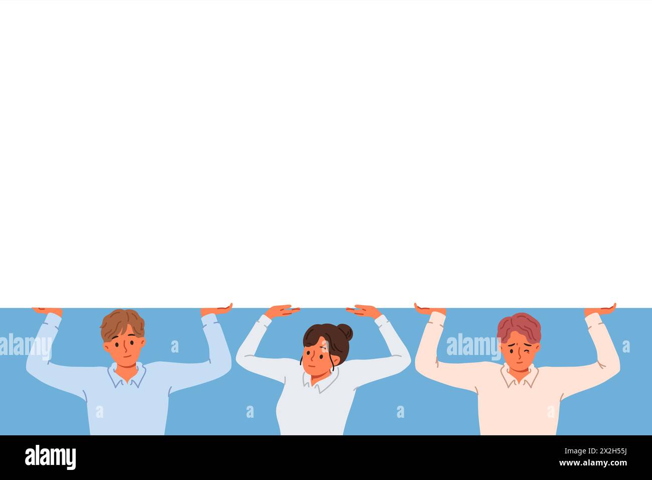 Business people lifting heavy load together with copyspace above heads ...