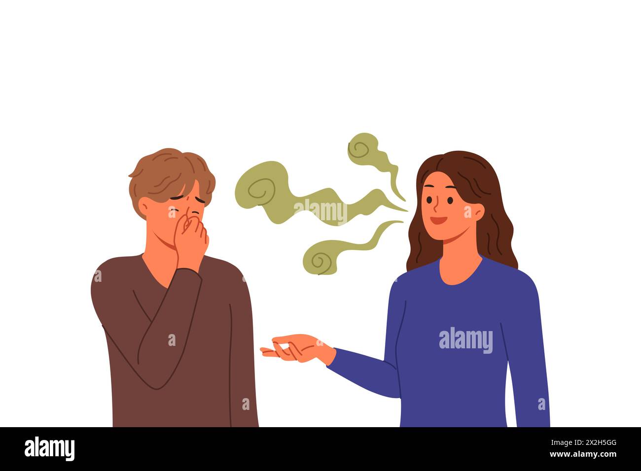 Stinky breath woman with bad teeth or caries irritates guy covering ...