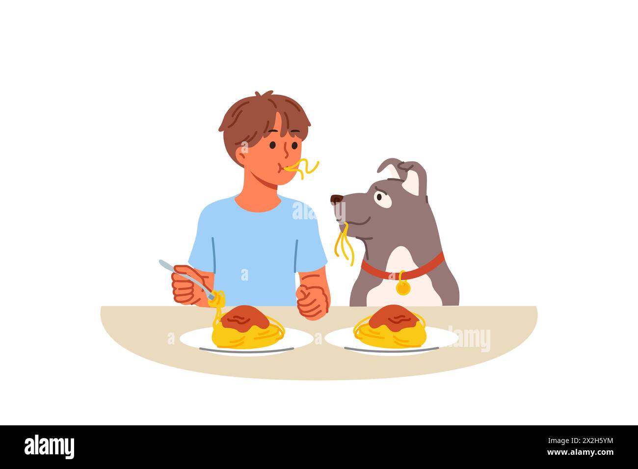 Dogs Eating Spaghetti Together
