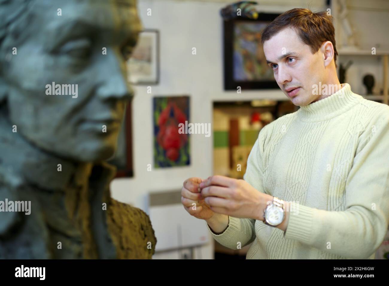 Sculptor works in the studio on a bust of of A.V. Suvorov - the great ...