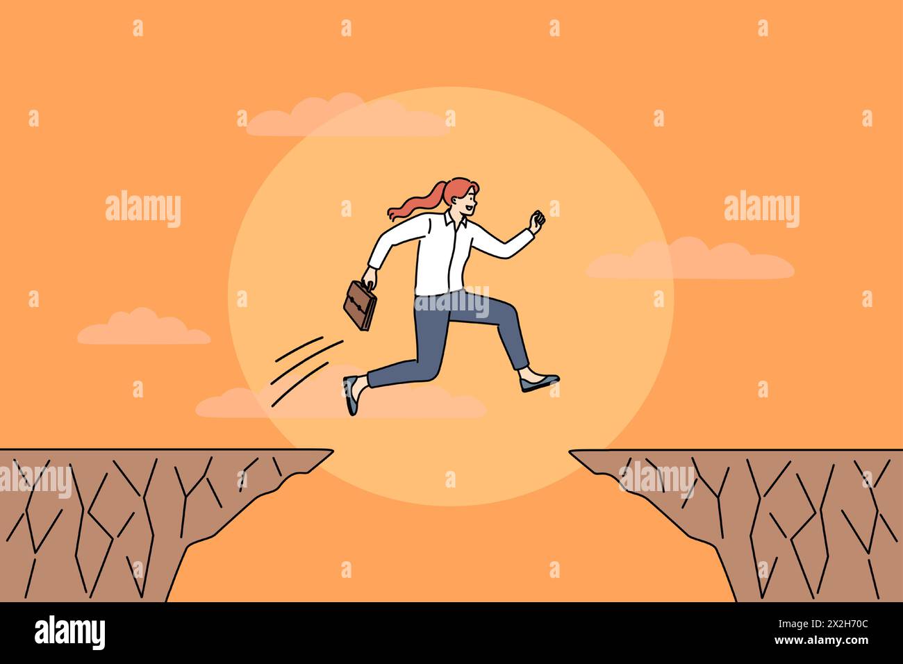 Business woman boldly performs challenge of jumping over abyss to ...