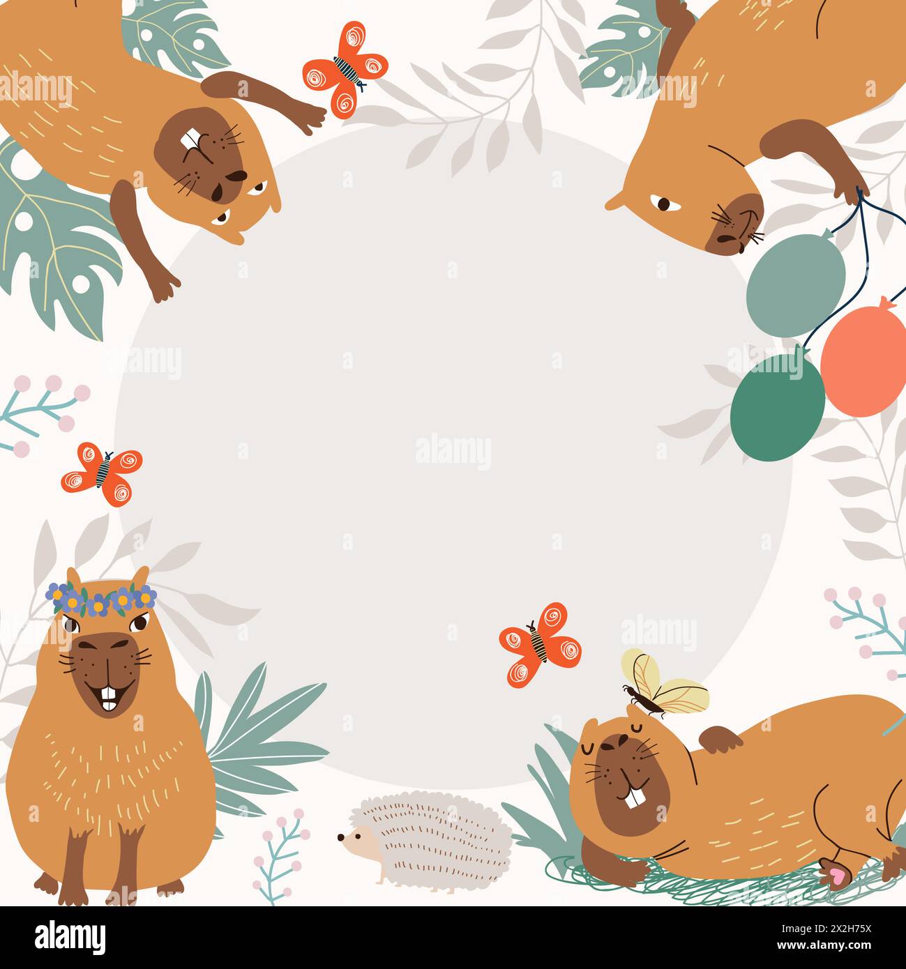 Cheerful copybara in corners of stylish frame for holiday card ...