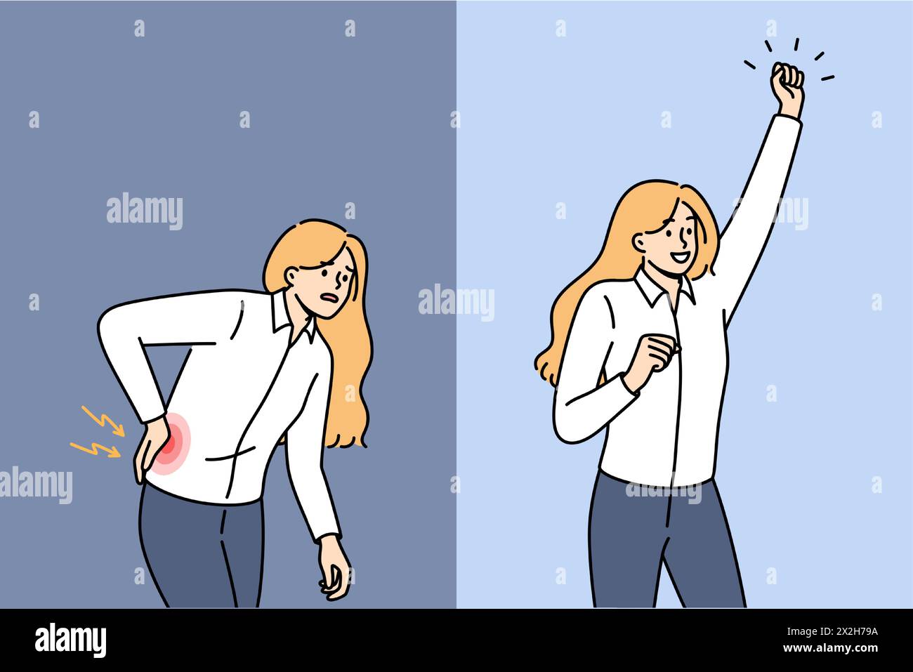 Woman with sore lower back bends over in pain, feeling sciatica, begins ...