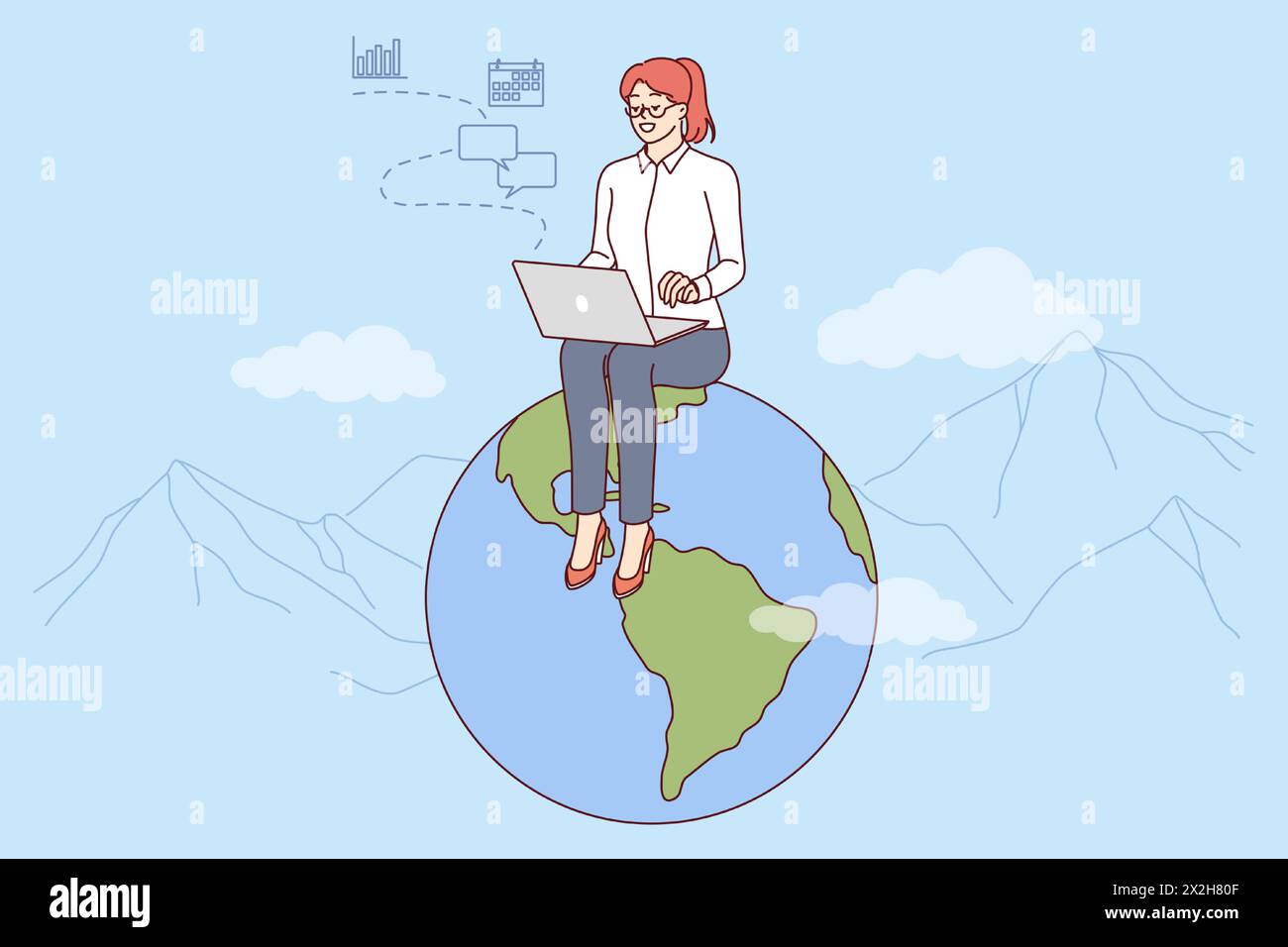 Woman freelancer works for international company via internet, sits on ...