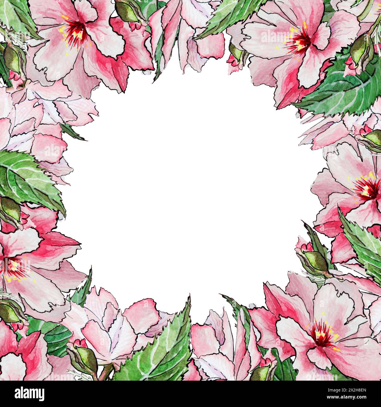 Square watercolor frame with pink rose sakura flowers and leaves Stock ...