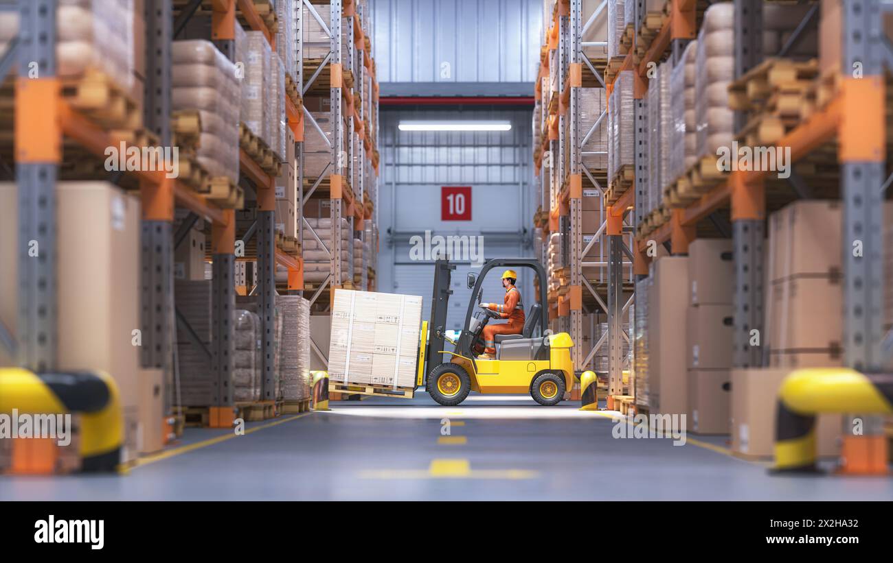 Retail warehouse full of shelves with cardboard boxes and packages ...