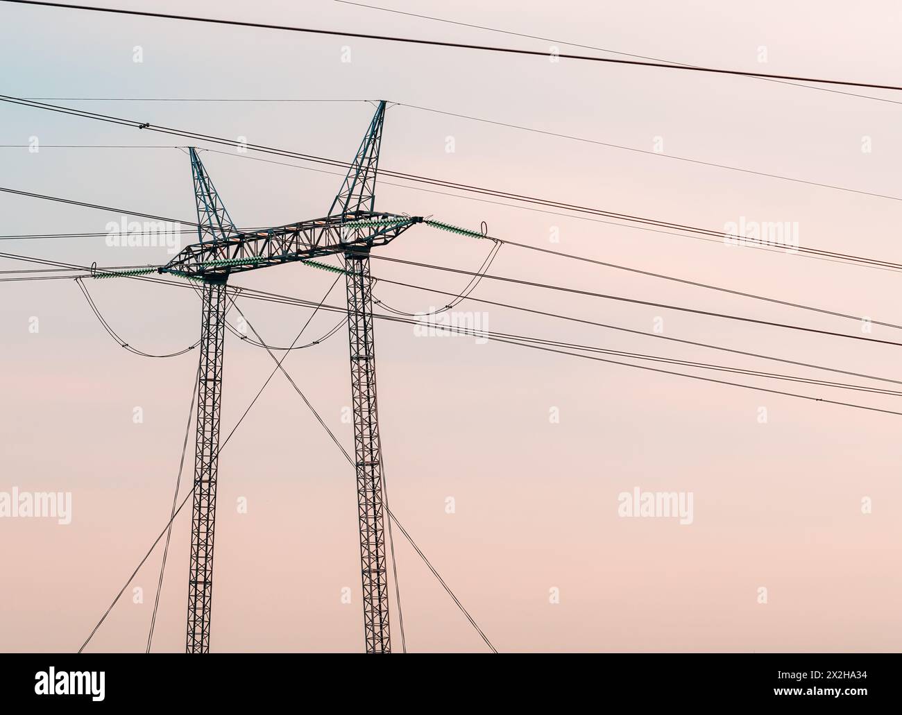 Electricity pylon transmission towers and electrical wires, selective ...