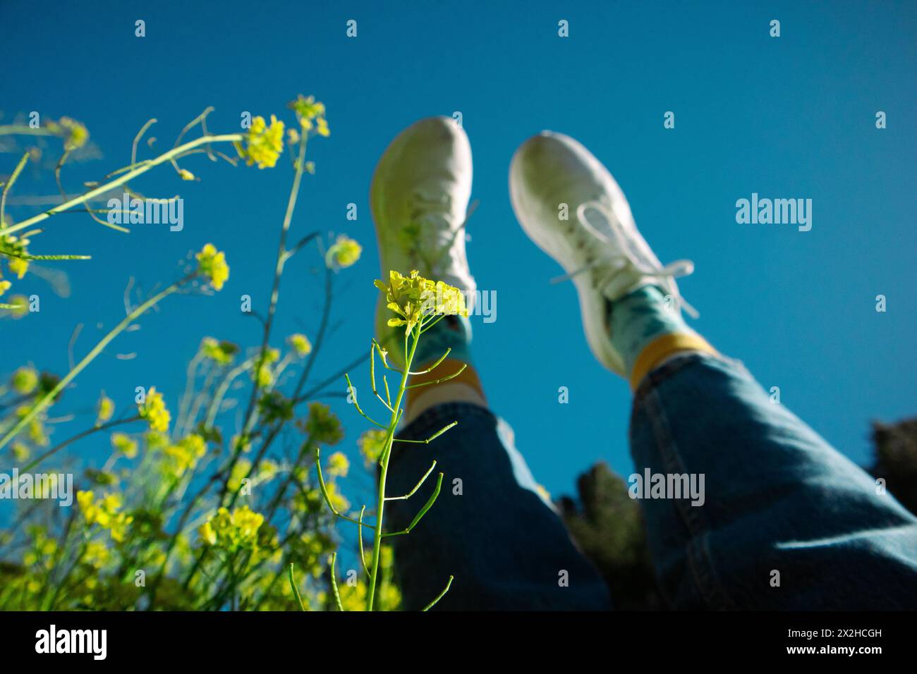Woman's feet in white sneakers raised up against the blue sky. A girl ...