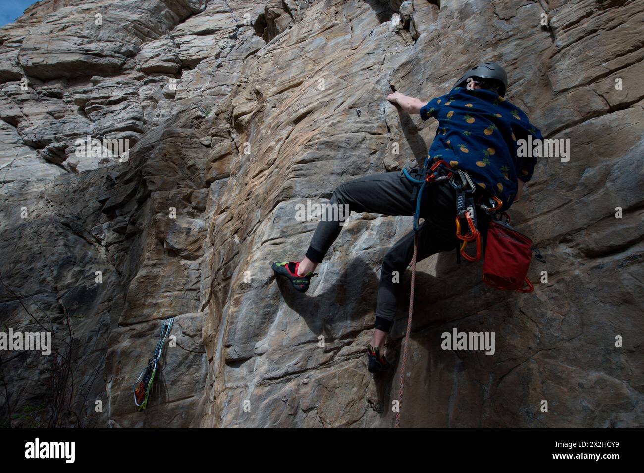 Back of male climber on rock face roped in Stock Photo - Alamy