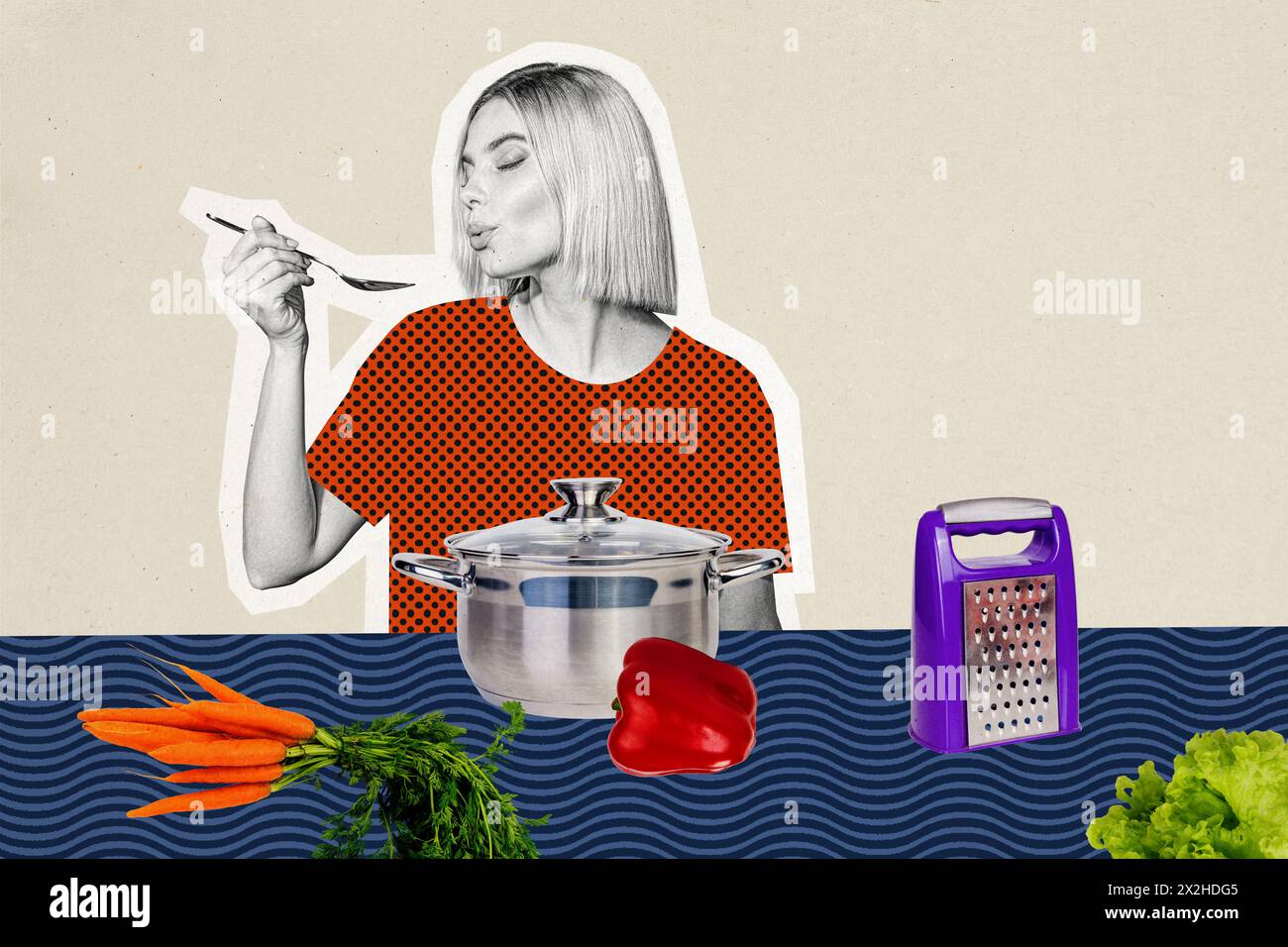 Composite photo collage of chief woman cook dinner boil meal pot ...