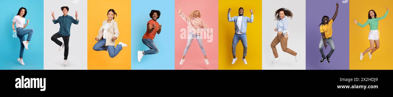 Diverse Group of People Jumping With Joy on Colorful Backgrounds Stock ...
