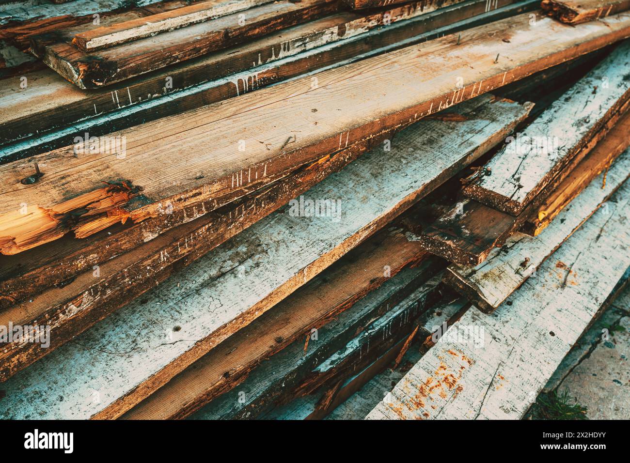 Pile of old worn used wooden boards and planks, selective focus Stock ...