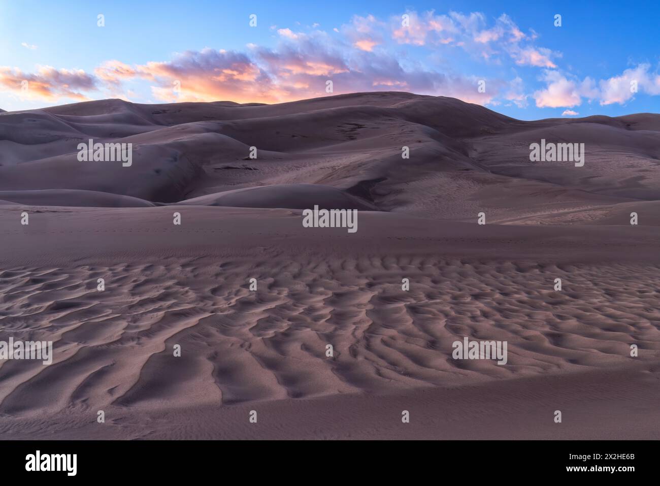 Soft colors of sunset light up clouds above the dunefield of Great Sand ...