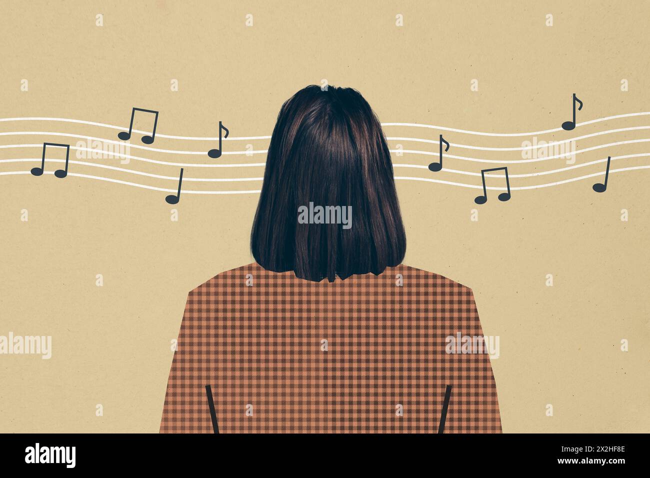 Composite photo collage of young composer girl stand back look note ...